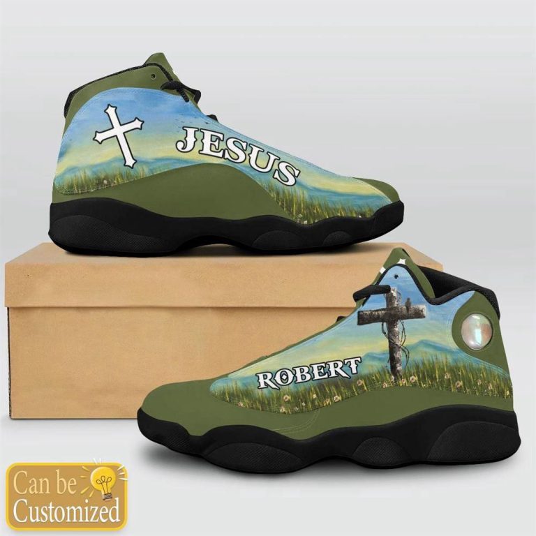 Christian Shoes, Jesus Flower Field Green Custom Name Basketball Shoes ...
